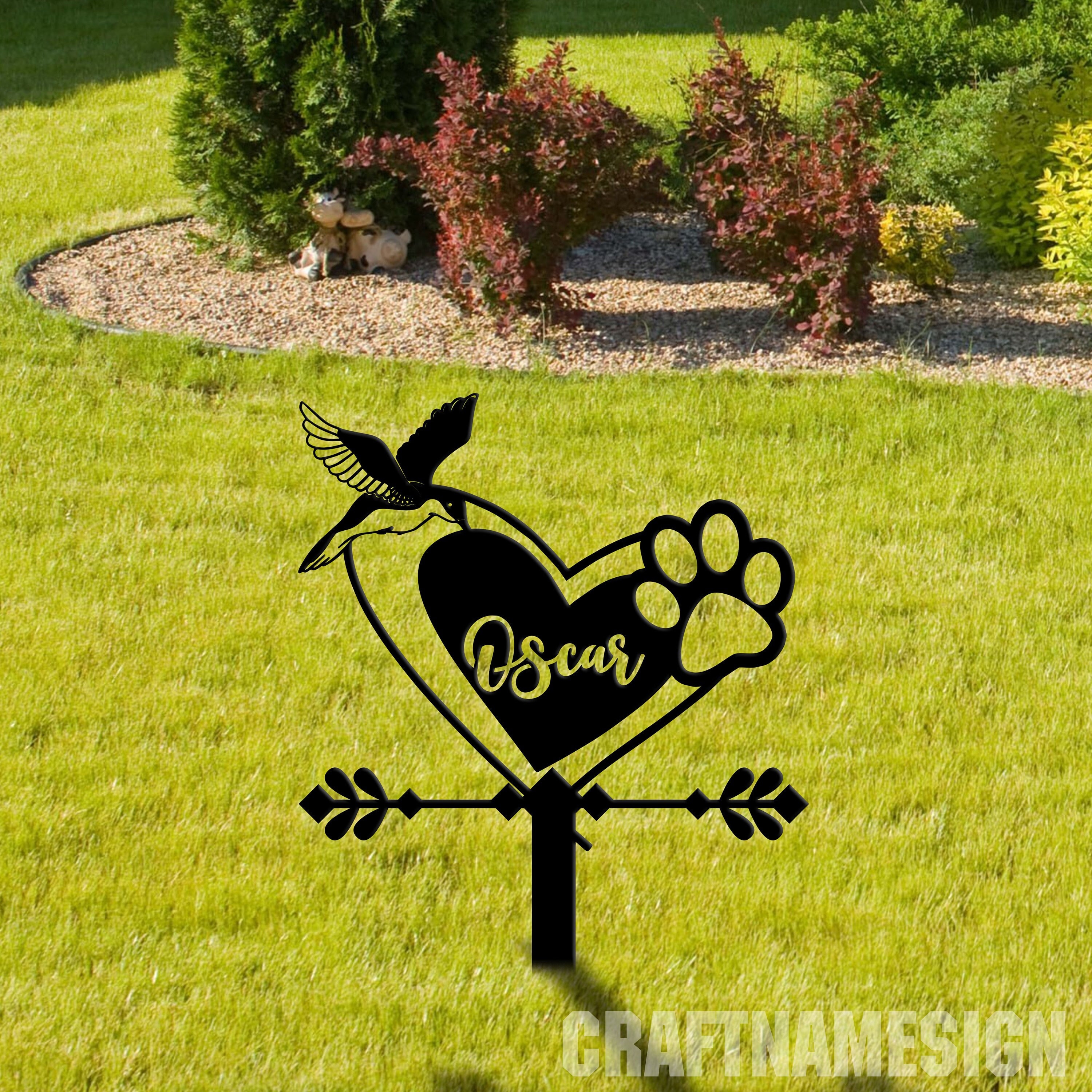 Custom Hummingbird Memorial Stake with Heart - Craft Name Sign