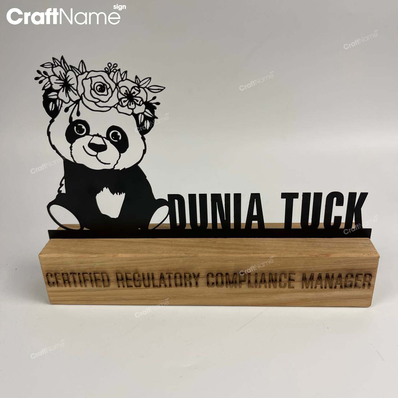 Personalized Wooden Floral Panda Bear Desk Name Plate - Craft Name Sign