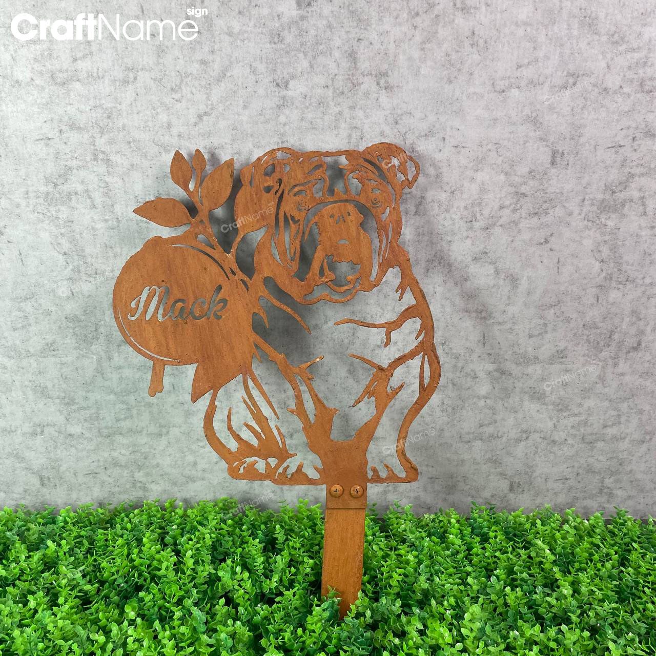 Custom English Bulldog Metal Stake Yard Decor - Craft Name Sign